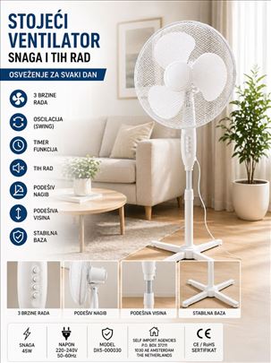 Stojeći ventilator, beli, 45W, 3 brzine, tihi rad