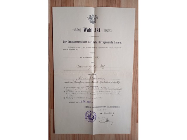 Stari crkveni dokument - Wahl Akte ( 1923. )