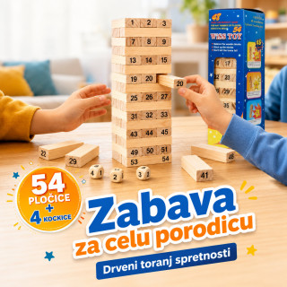 Drveni toranj Jenga igra sa brojevima i kockicama – porodična društvena igra
