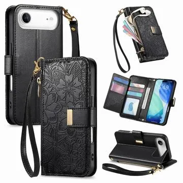 IPHONE AIR FLORAL & LEAF PATTERN WALLET CASE WITH ZIPPER POCKET & WRIST STRAP - BLACK
