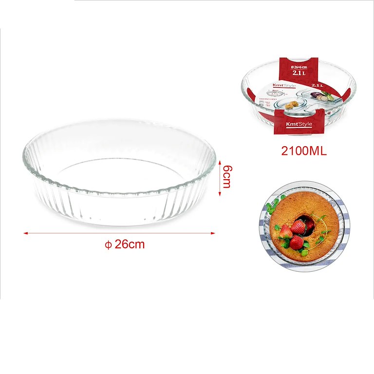 KMT Staklena duboka tepsija, Okrugla, Cvetna ivica, fi26x6cm, 2.1l