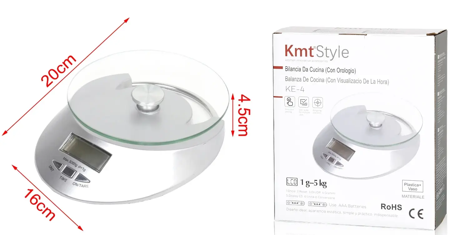 KMT Kuhinjska vaga, Sa prikazom vremena, 1-5kg, Srebrna