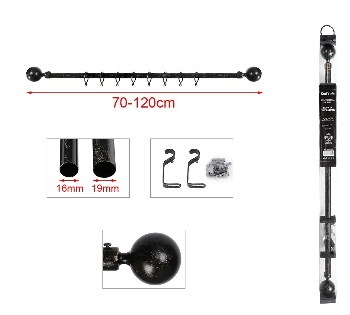 KMT Kuka za zavese sa bočnim produžetkom, 70-120cm, Crno-zlatna