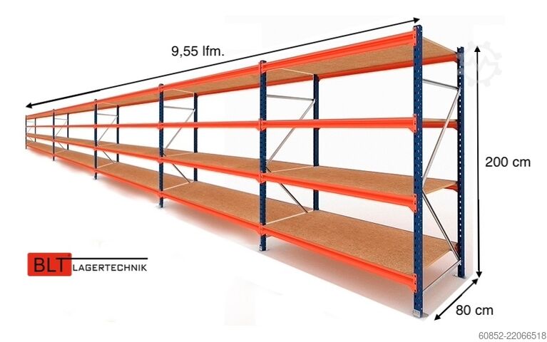 Regal širokog raspona za skladištenje
ca. 9,56 lfm. Weitspannregale H: 200 cm T: 80 cm , 400 kg Fachlast , 4 Ebenen