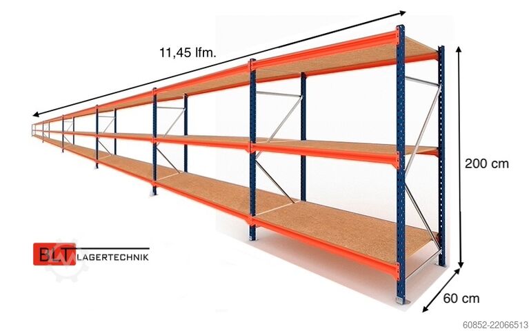 Regal širokog raspona za skladištenje
ca. 11,46 lfm. Weitspannregale H: 200 cm T: 60 cm , 400 kg Fachlast , 3 Ebenen