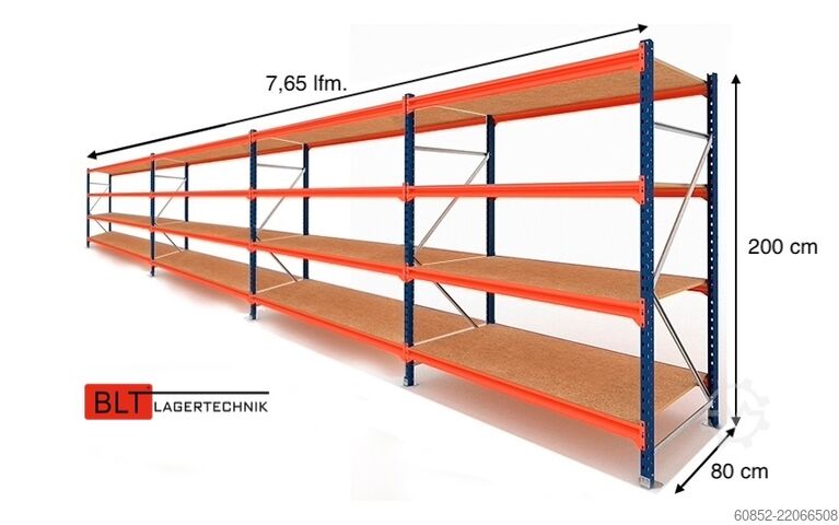 Regal širokog raspona za skladištenje
ca. 7,65 lfm. Weitspannregale H: 200 cm T: 80 cm , 400 kg Fachlast , 4 Ebenen