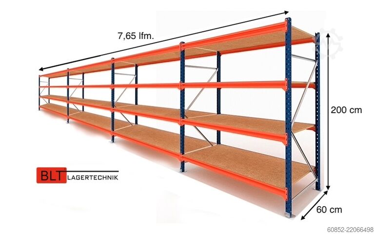 Regal širokog raspona za skladištenje
ca. 7,66 lfm. Weitspannregale H: 200 cm T: 60 cm , 400 kg Fachlast , 4 Ebenen