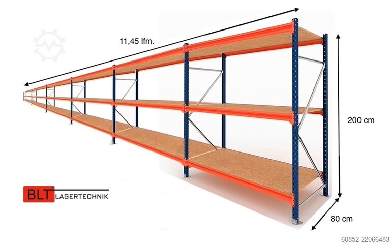 Regal širokog raspona za skladištenje
ca. 11,45 lfm. Weitspannregale H: 200 cm T: 80 cm , 400 kg Fachlast , 3 Ebenen