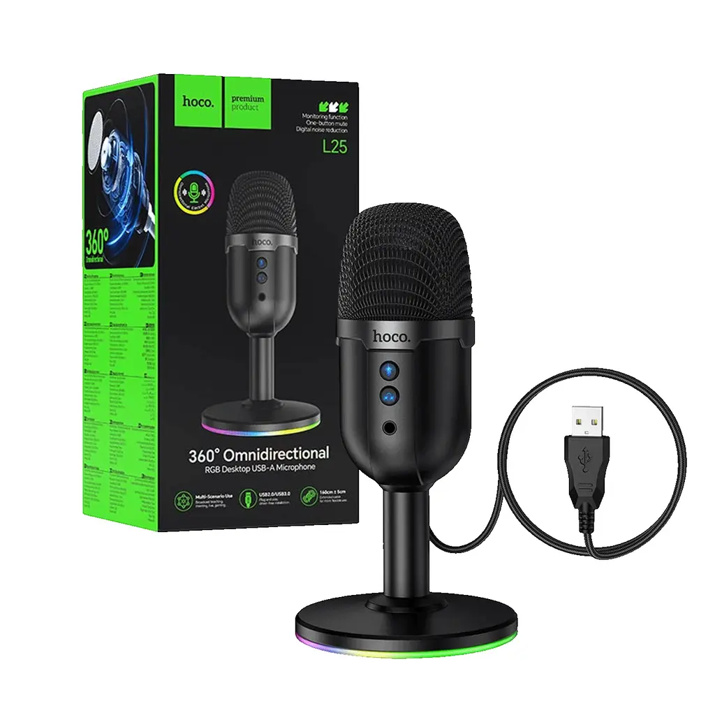 Hoco Mikrofon L25, Stolni, RGB, USB, Crni