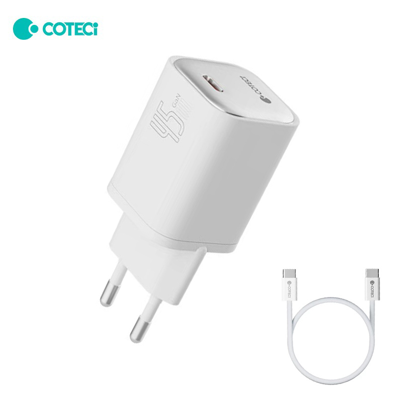 Kucni punjac Coteci 45W GaN sa PD na Type C kablom beli