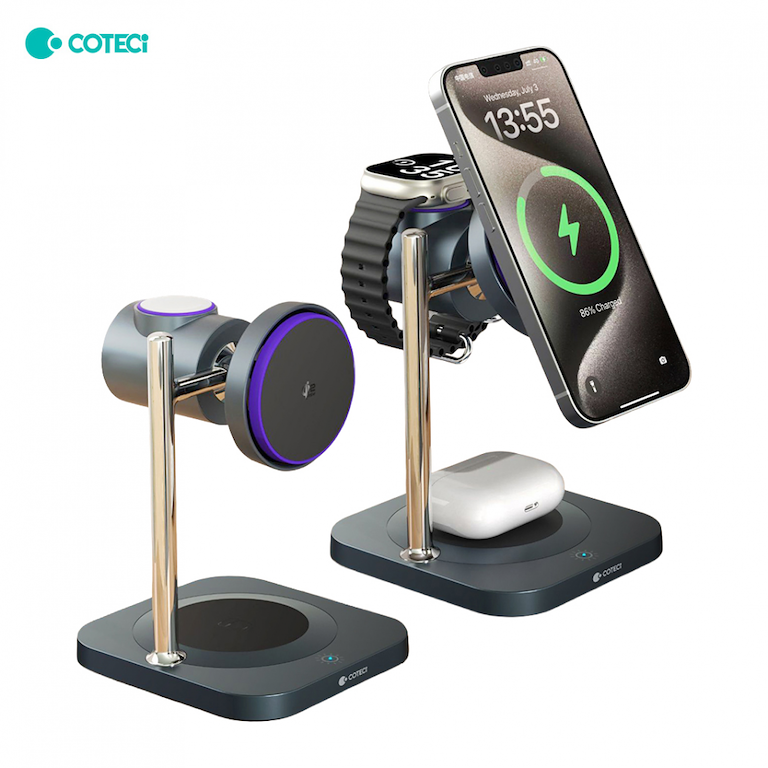 Wireless punjac Coteci BS-025 3u1 za mobilni telefon/slusalice/pametni sat crni