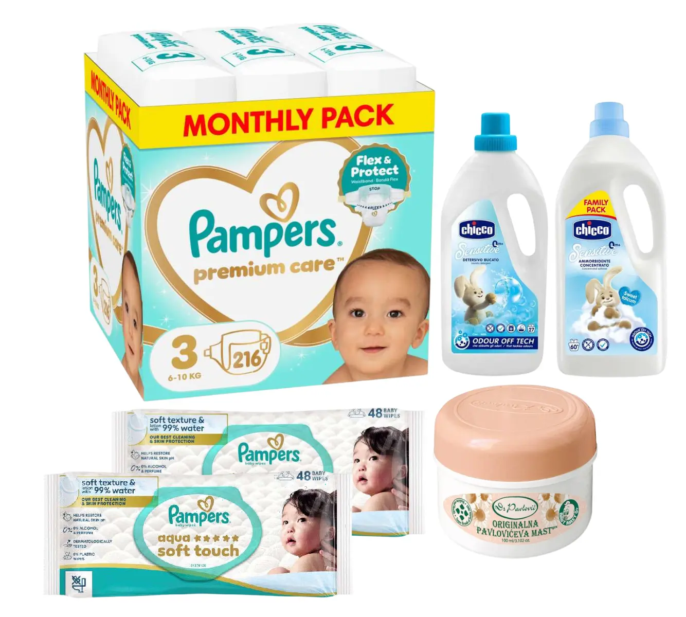 Pampers Pelene Premium Care 3, Monthly, 6-10 kg, 216/1, Chicco sta za prajne veša Sensitive, Pavlovićeva mast, Pampers Vlažne maramice Aqua Soft Touch