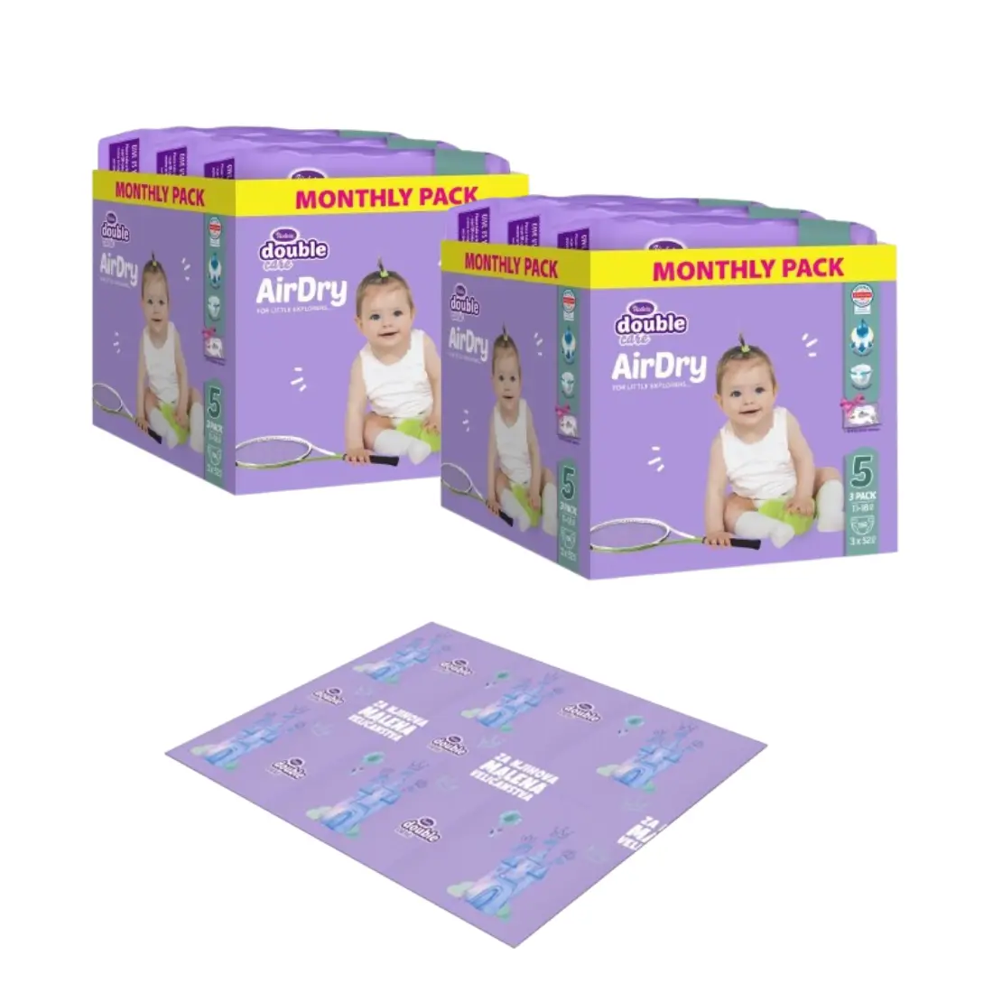 Violeta Pelene Air Dry, Maxi 5, Monthly, 11-18 kg, 2x156 komada+ Podloga za igru, Ljubičasta