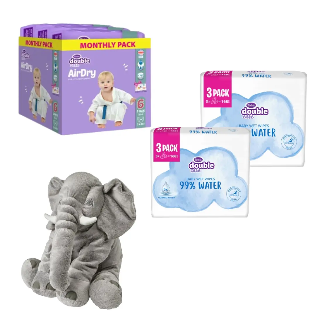 Violeta Pelene Air Dry, Maxi 6, Monthly, 16 kg, 144 komada+Vlažne maramice DC Water care, 2x168 komada+ Jastuk Slonče, Sivi