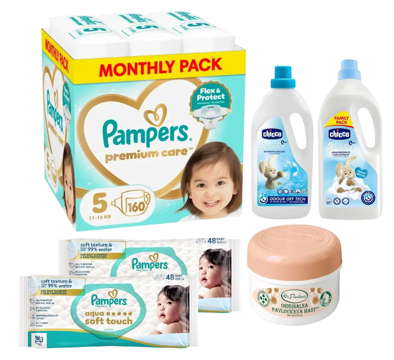 Pampers Pelene Premium Care 5, Monthly, 11-15kg, 160/1, Chicco sta za prajne veša Sensitive, Pavlovićeva mast, Pampers Vlažne maramice Aqua Soft Touch