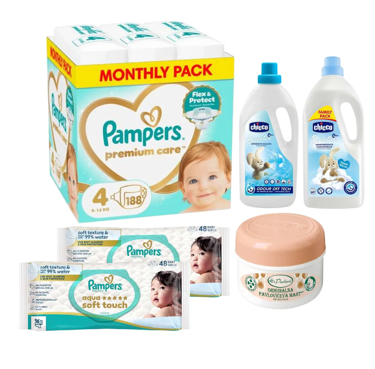 Pampers Pelene Premium Care 4, Monthly, 9-14 kg, 188/1, Chicco sta za prajne veša Sensitive, Pavlovićeva mast, Pampers Vlažne maramice Aqua Soft Touch