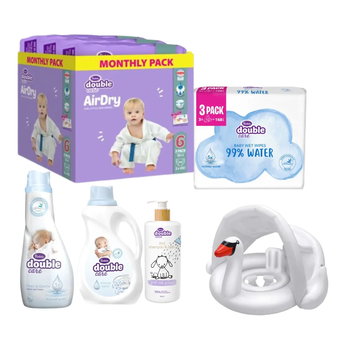 Violeta Paket za bebe, 5 proizvoda+ Šlauf za decu Labud, Beli
