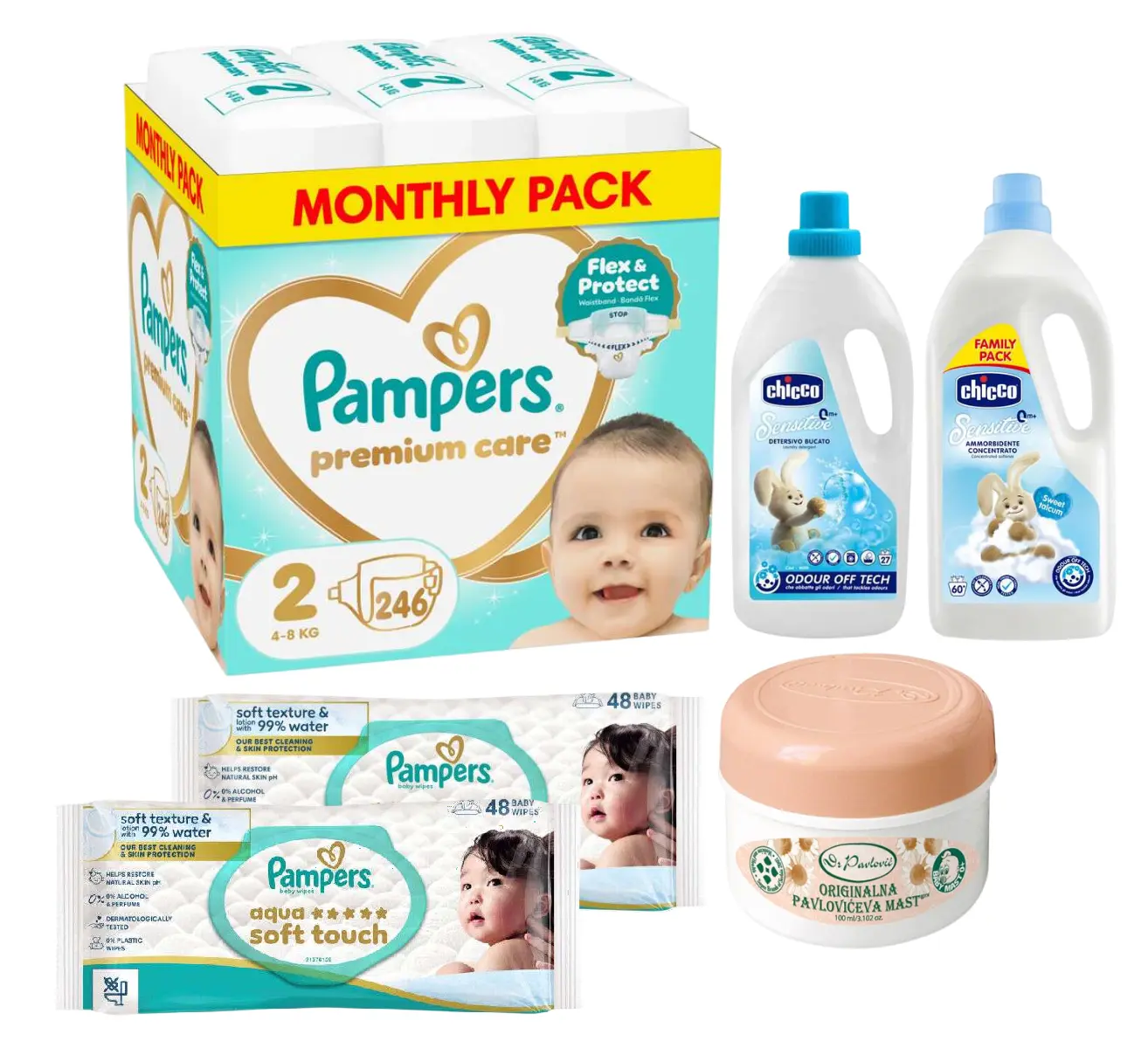 Pampers Pelene Premium Care 2, Monthly, 4-8 kg, 246/1, Chicco sta za prajne veša Sensitive, Pavlovićeva mast, Pampers Vlažne maramice Aqua Soft Touch