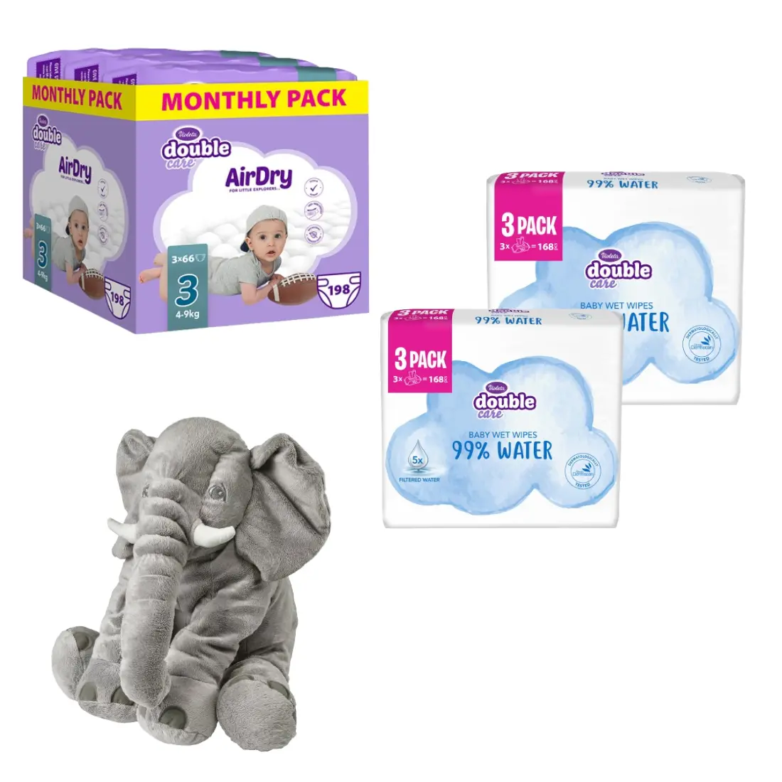 Violeta Pelene Air Dry, Maxi 3, Monthly, 4-9 kg, 198 komada+Vlažne maramice DC Water care, 2x168 komada+ Jastuk Slonče, Sivi