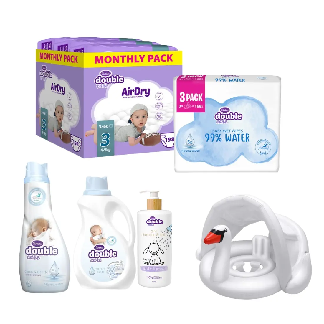 Violeta Paket za bebe, 5 proizvoda+ Šlauf za decu Labud, Beli