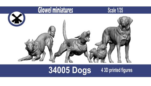NEW! Glowel Miniatures 34005 Dogs (4 Figures / 3D-Printed)