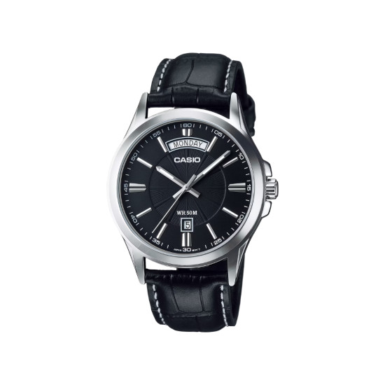 Casio MTP-1381L-1A muški sat Timeless Gentleman Day Date kožni kaiš Black Deep Graphite Dial 40mm