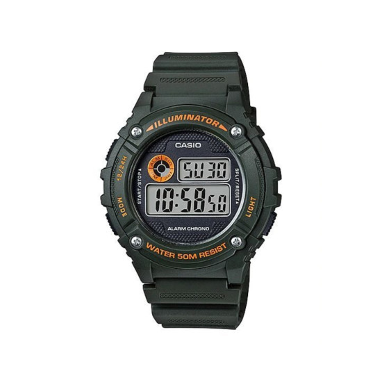 Casio W-216H-3B muški tinejdž sat Sport Digital Olive Green Silicone Orange Detail 43mm
