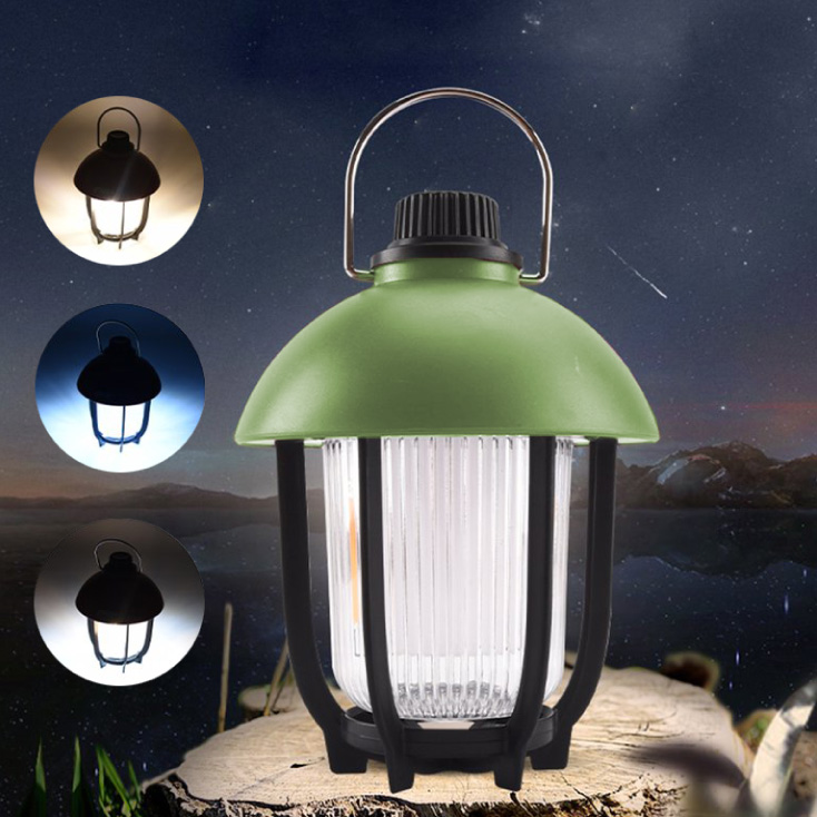Prenosna Punjiva LED Kamping Lampa 3 Boje, Metalna Drška, Zelena