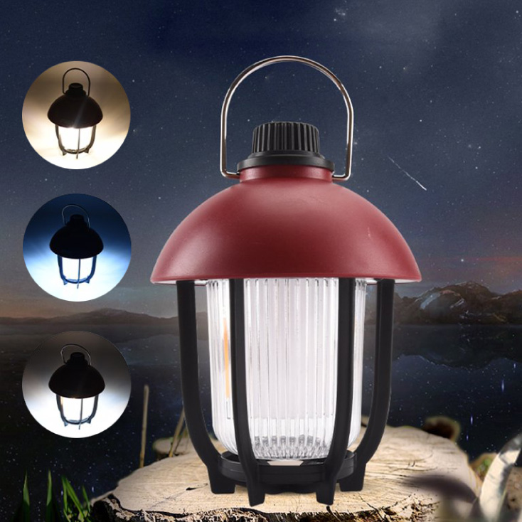 Prenosna Punjiva LED Kamping Lampa 3 Boje, Metalna Drška, Crvena