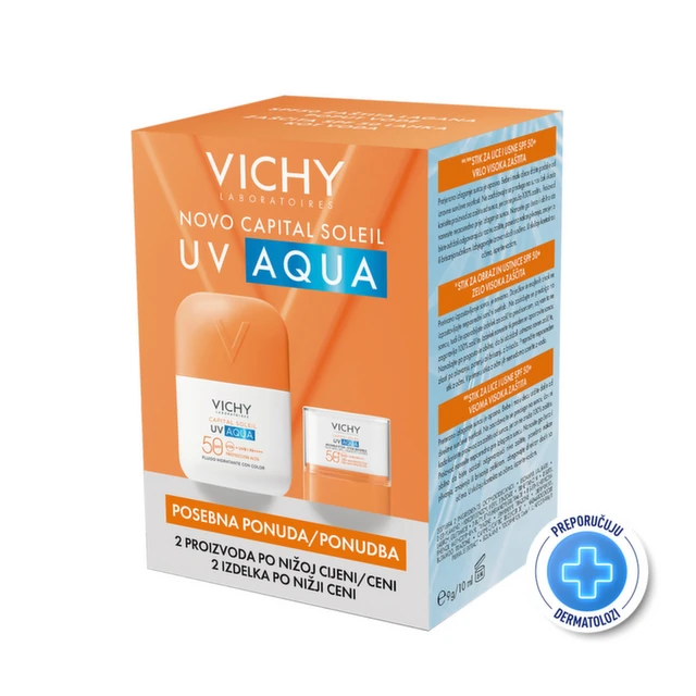 Vichy Capital Soleil UV Aqua Nevidljivi fluid SPF 50, 50 ml + Stik za lice i usne SPF 50+, 10 g