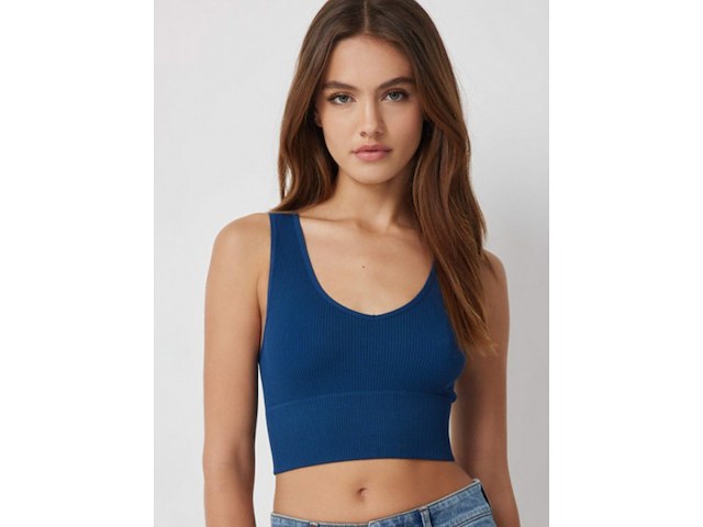 Teget / mornarsko plavi pleteni crop top sa širokim bre