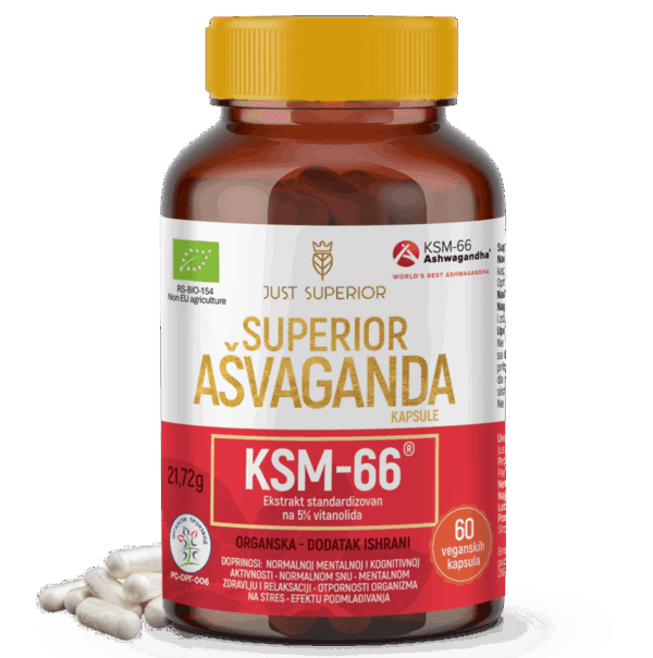 Organski Ašvaganda Ekstrakt KSM-66 Just Superior – 60 Veganskih Kapsula