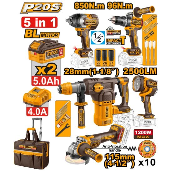 Akumulatorski set udarna bušilica + udarni odvrtač + ugaona brusilica + elektro-pneumatski čekić + led lampa + 20V 2x5,0Ah + pribor Super INGCO COSLI251193E