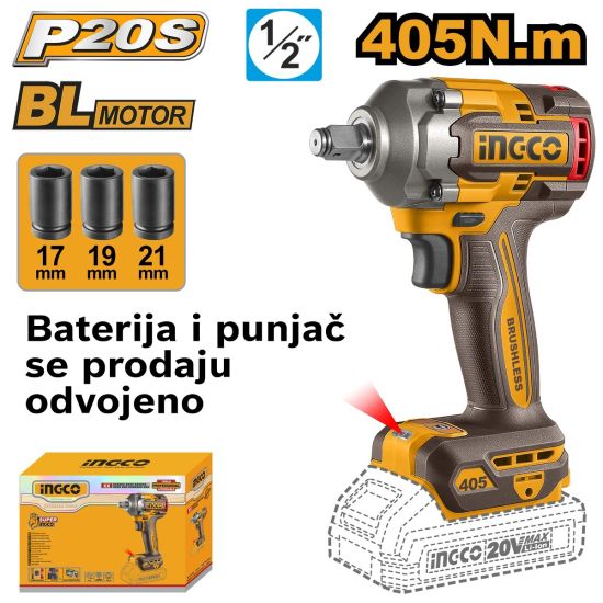 Akumulatorski udarni odvrtač 405Nm Solo; bez baterije i punjača Super INGCO CIWLI20451