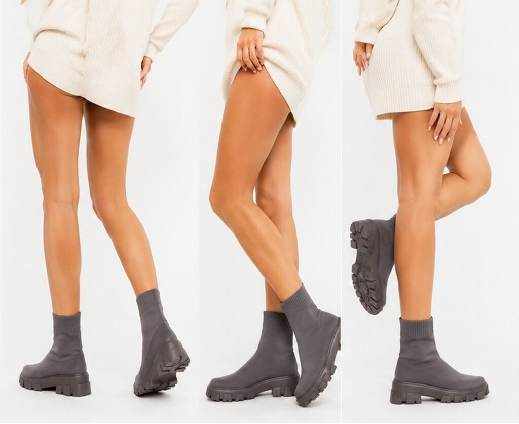 Ženske čizme – sivi „sock boots“ sa debelim đonom - Model: gležnjače