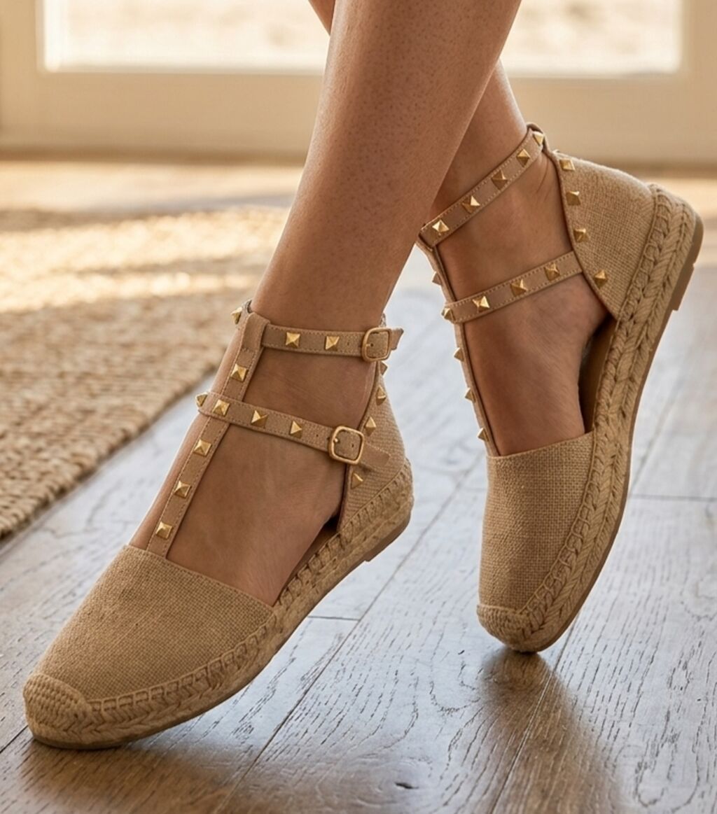 Ženske espadrile sa kaiševima i nitnama - Model: ravne espadrile sa