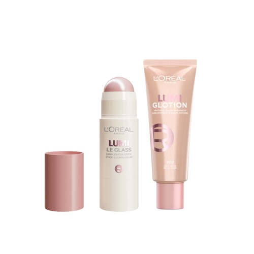 L'Oréal Paris Lumi Glotion tečni puder za naglašavanje sjaja 902 light glow​ + L’Oréal Paris Lumi hajlajter u stiku 620 Pink Ballet