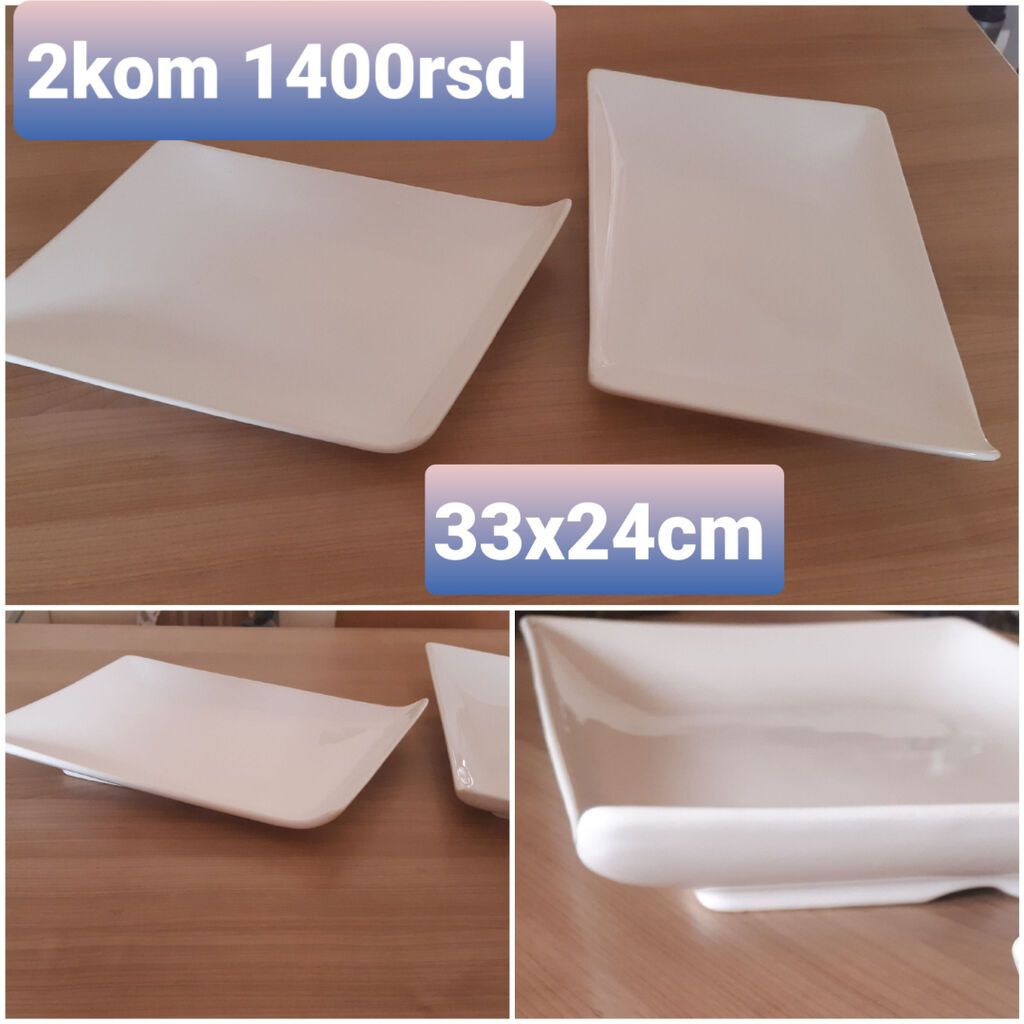 Set od 2 bela pravougaona tanjira za serviranje. - Dimenzije: 33 x 24