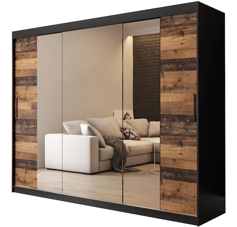 Old Wood ormar/ogledalo 3 vrata T2 250x62x200 cm rustik drvo/crni