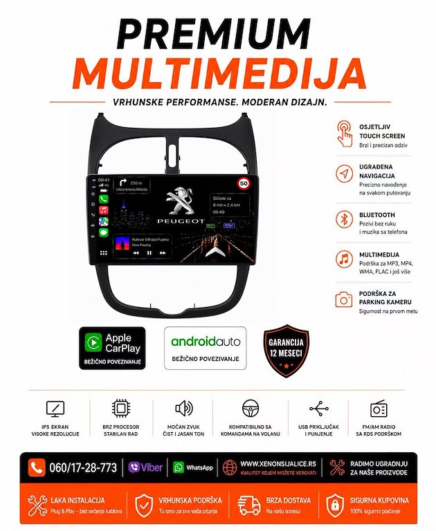 PEUGEOT 206 MULTIMEDIJA ANDROID,CAR PLAY NAVIGACIJA TOUCH SCREEN 10 INCA