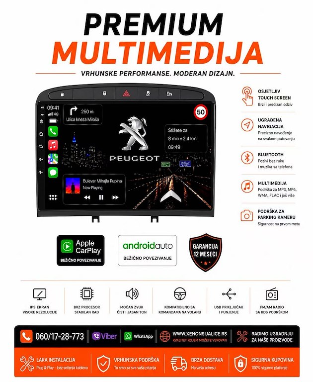 PEUGEOT 308,408,RCZ MULTIMEDIJA ANDROID,CAR PLAY NAVIGACIJA TOUCH SCREEN 10 INCA