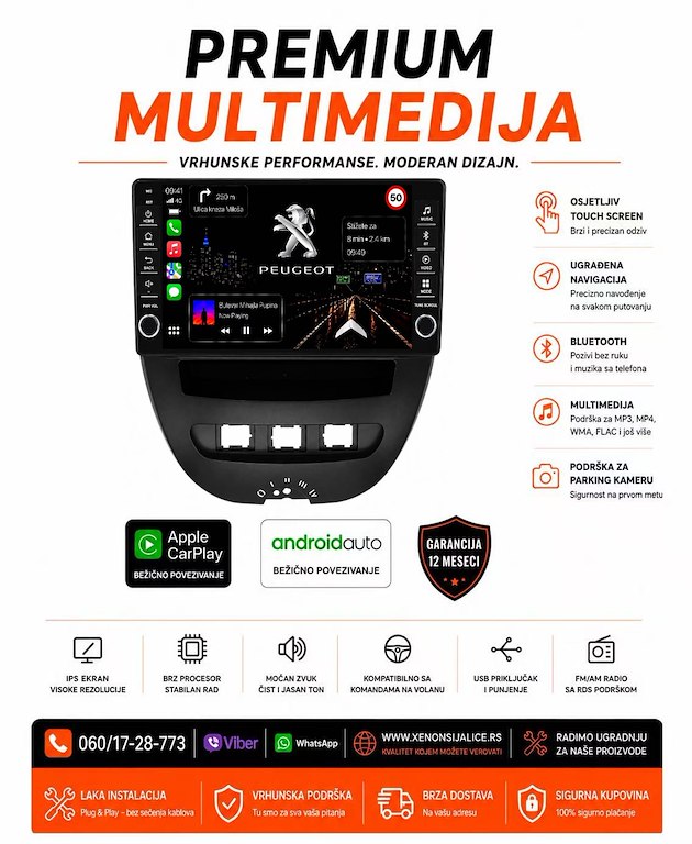 PEUGEOT 107 MULTIMEDIJA ANDROID,CAR PLAY NAVIGACIJA TOUCH SCREEN 10 INCA