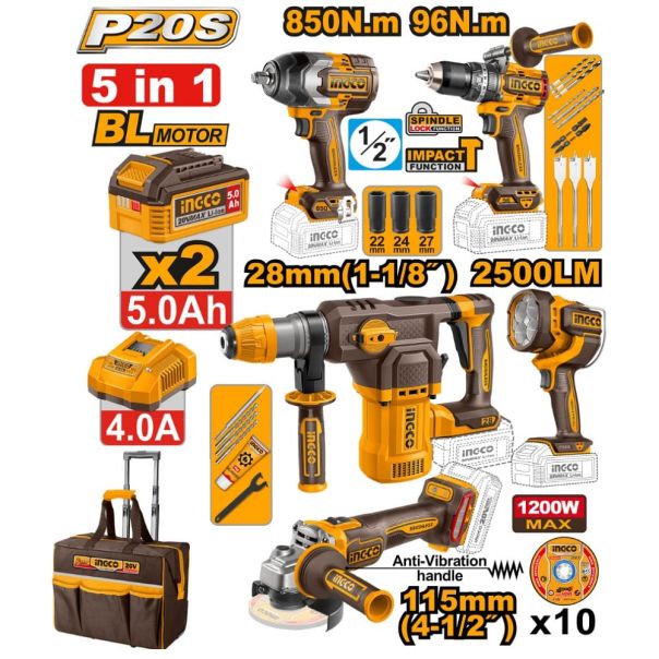 Akumulatorski set alata COSLI251193E 5/1 20V 2×5,0Ah SUPER INGCO