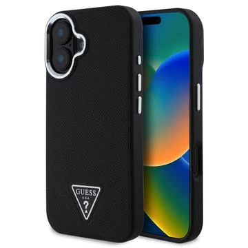 IPHONE 16 GUESS GRAINED TRIANGLE LOGO CASE - MAGSAFE COMPATIBLE - BLACK