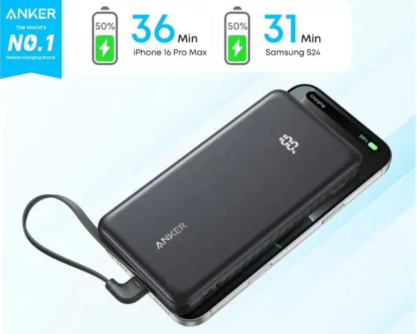 ANKER Zolo Power Bank sa ugrađenim USB-C kablom crni 20000mAh, 22.5W