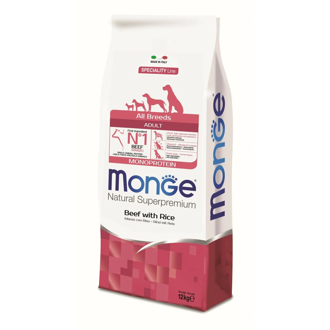 MONGE Hrana za sve rase odraslih pasa Monoprotein, Govedina i pirinač, 12kg