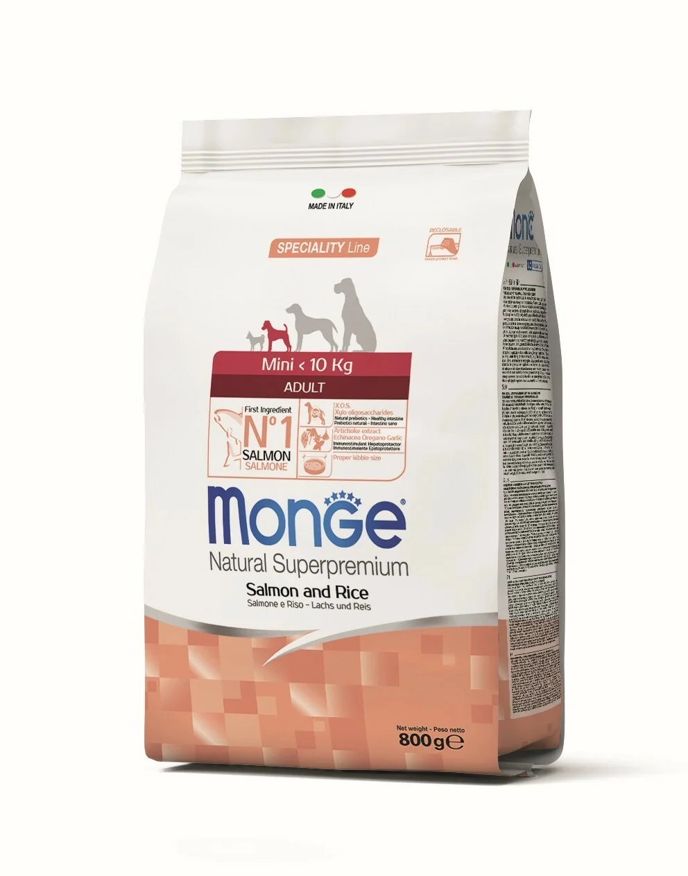 MONGE Hrana za odrasle pse malih rasa , Losos i pirinač, 800g