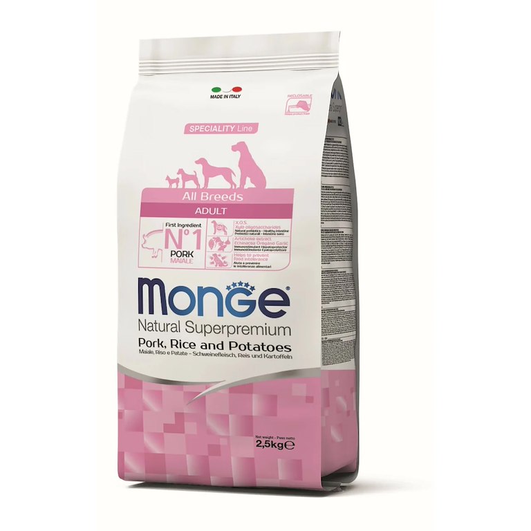 MONGE Hrana za odrasle pse svih rasa, Svinjetina, pirinač i krompir, 2,5kg