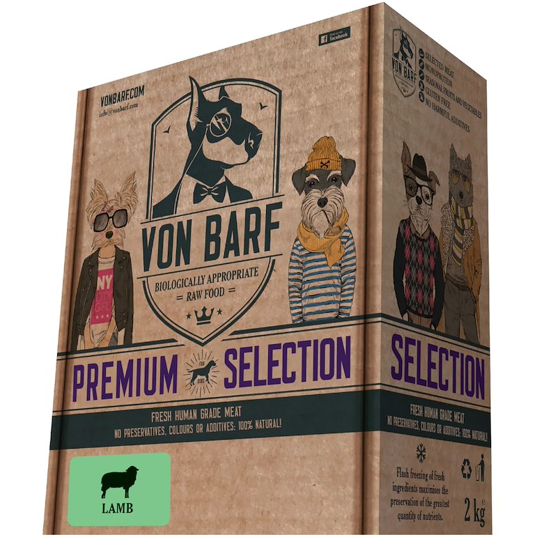 Von BARF Premium Selection, jagnjetina, sirova zamrznuta hrana za pse, 8x250g