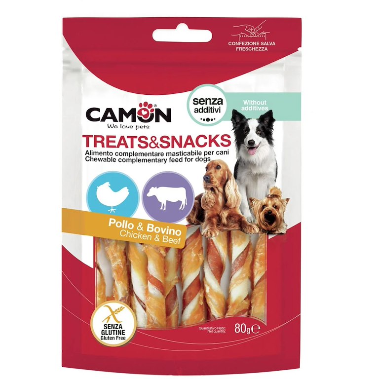 CAMON Treats&Snacks Poslastica za pse Štapići od presovane kože, dvobojni 80g